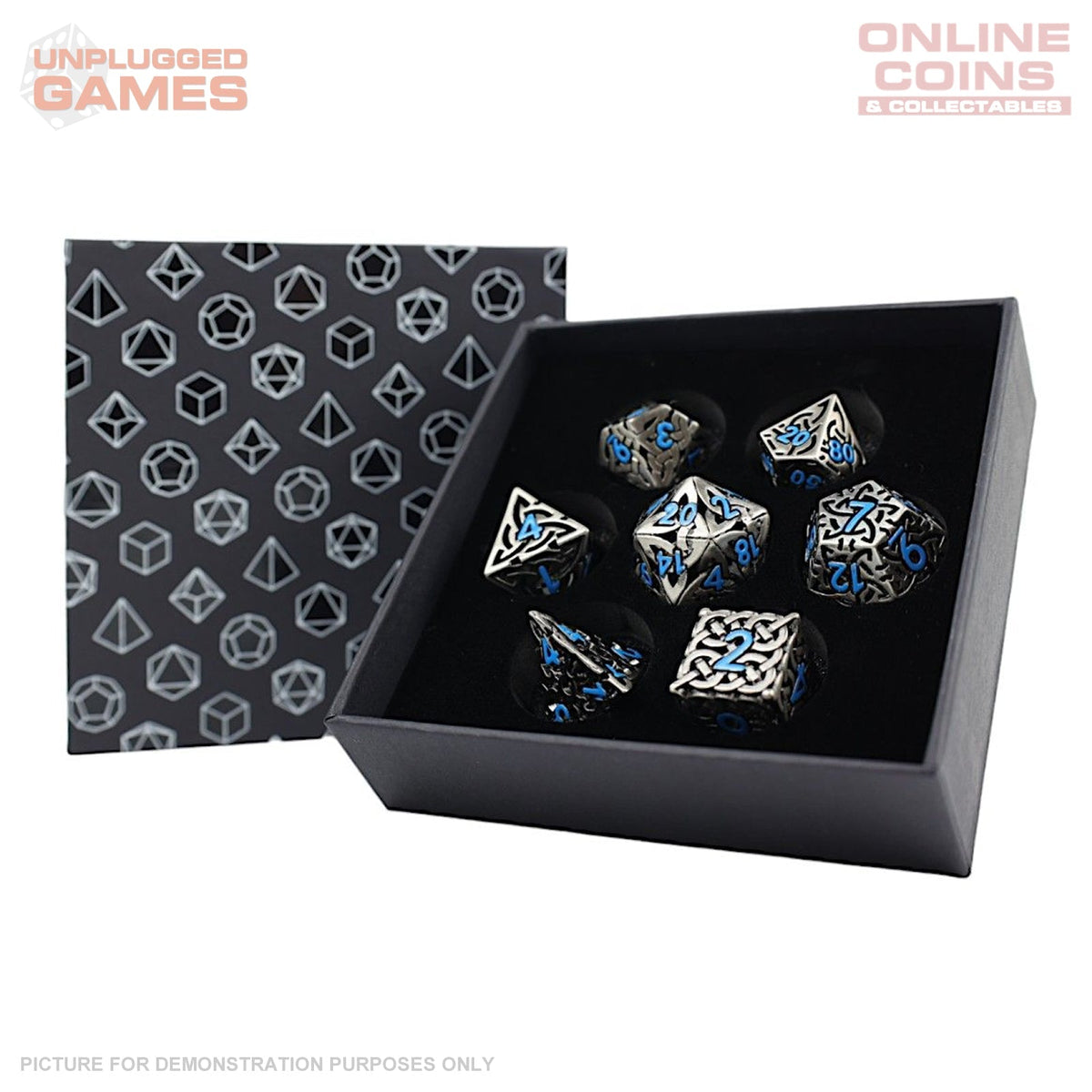 LPG Dice RPG Set Hollow Textures - Stainless and Blue — Unplugged Games